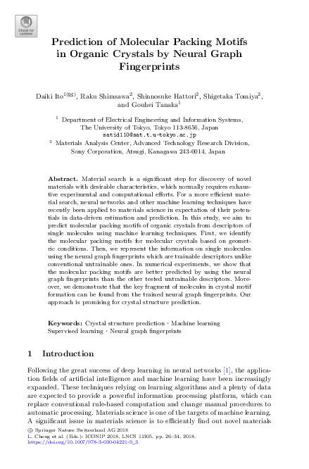 (PDF) Prediction of Molecular Packing Motifs in Organic Crystals by Neural Graph Fingerprints