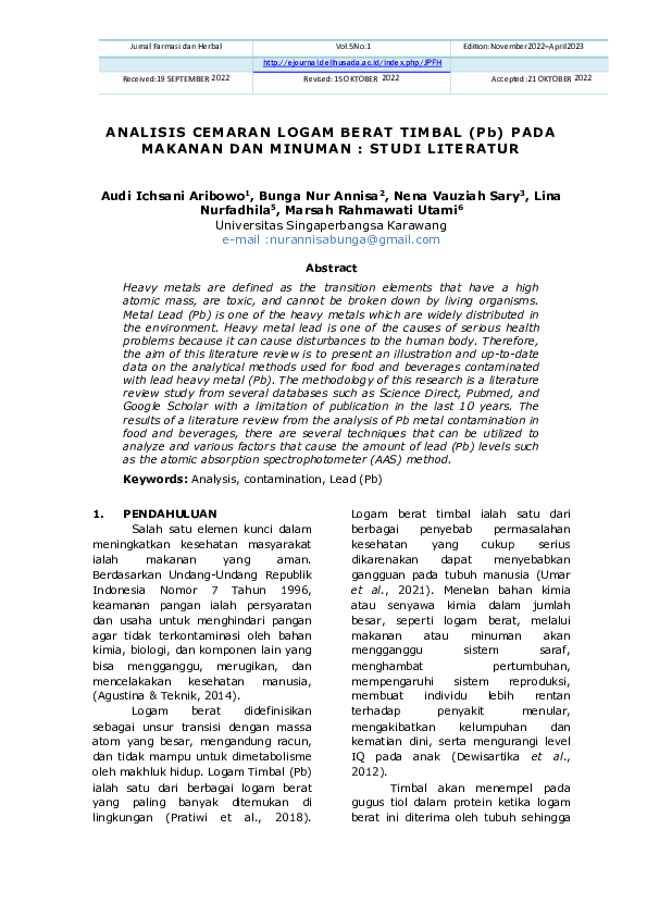 (PDF) ANALISIS CEMARAN LOGAM BERAT TIMBAL (Pb) PADA MAKANAN DAN MINUMAN ...