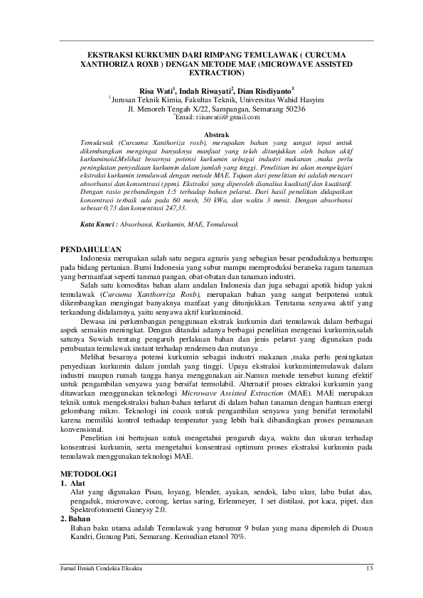 (PDF) Ekstraksi Kurkumin Dari Rimpang Temulawak ( Curcuma Xanthoriza ...