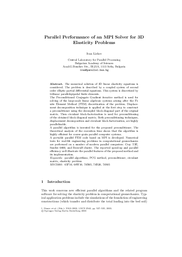 (PDF) Parallel Performance of an MPI Solver for 3D Elasticity Problems