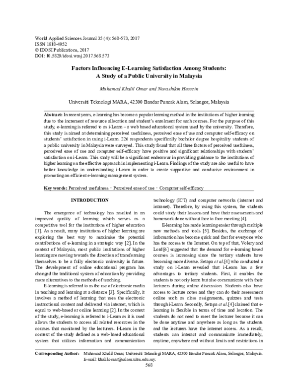 (PDF) Factors Influencing E-Learning Satisfaction Among Students: A Study of a Public University ...