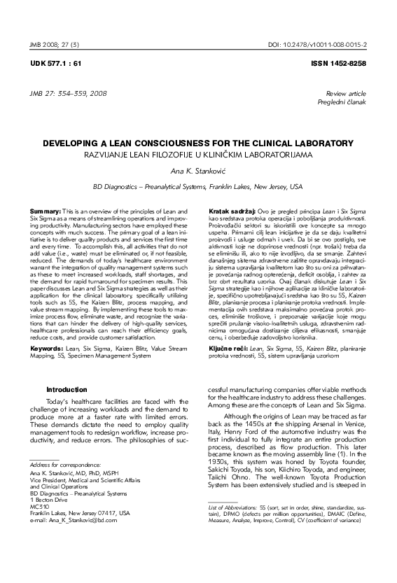 (PDF) Developing a Lean Consciousness for the Clinical Laboratory