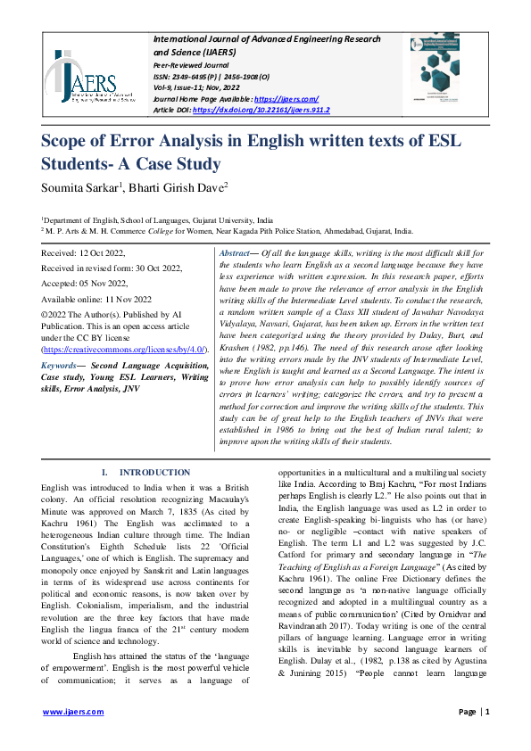 (PDF) Scope of Error Analysis in English written texts of ESL Students ...