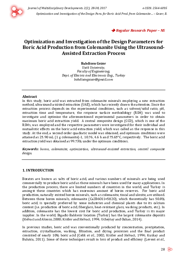 (PDF) Optimization and Investigation of the Design Parameters for Boric Acid Production from ...