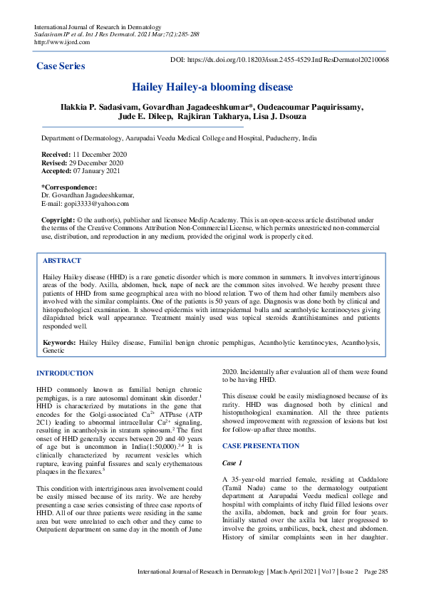 (PDF) Hailey Hailey-a blooming disease