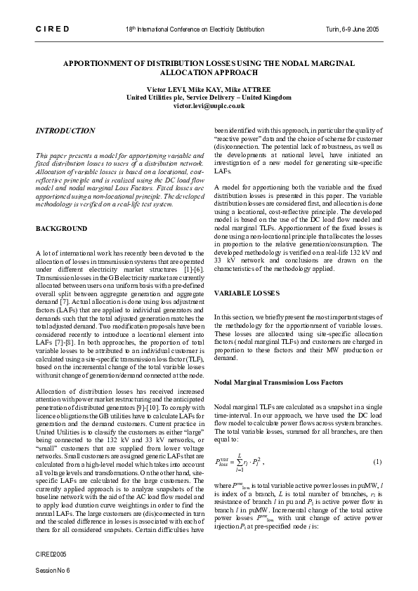 (PDF) Apportionment of distribution losses using the nodal marginal ...