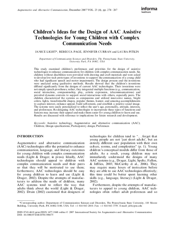 (PDF) Children's ideas for the design of AAC assistive technologies for ...