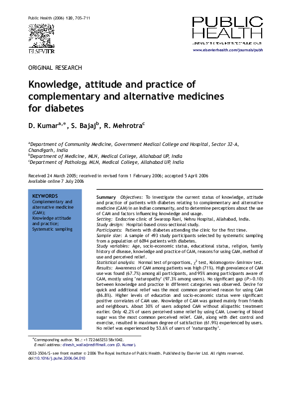 (PDF) Knowledge, attitude and practice of complementary and alternative ...