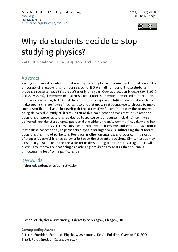 (PDF) Why do students decide to stop studying physics?