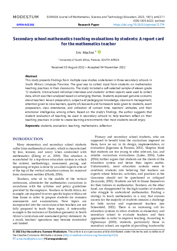 (PDF) Secondary school mathematics teaching evaluations by students: A ...