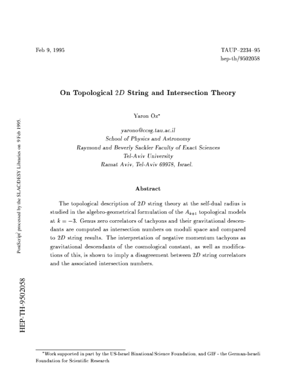(PDF) On topological 2D string and intersection theory
