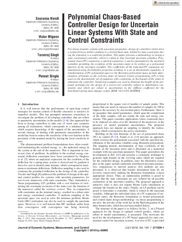 (PDF) Polynomial Chaos-Based Controller Design for Uncertain Linear Systems With State and ...