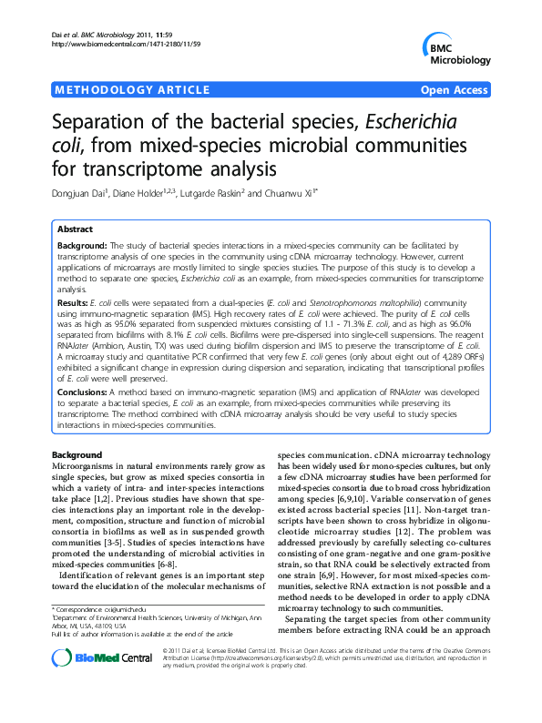 (PDF) Separation of the bacterial species, Escherichia coli, from mixed-species microbial ...