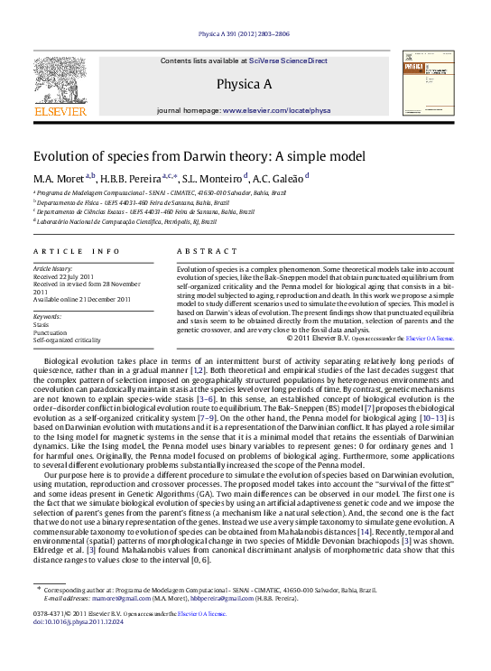 (PDF) Evolution of species from Darwin theory: A simple model
