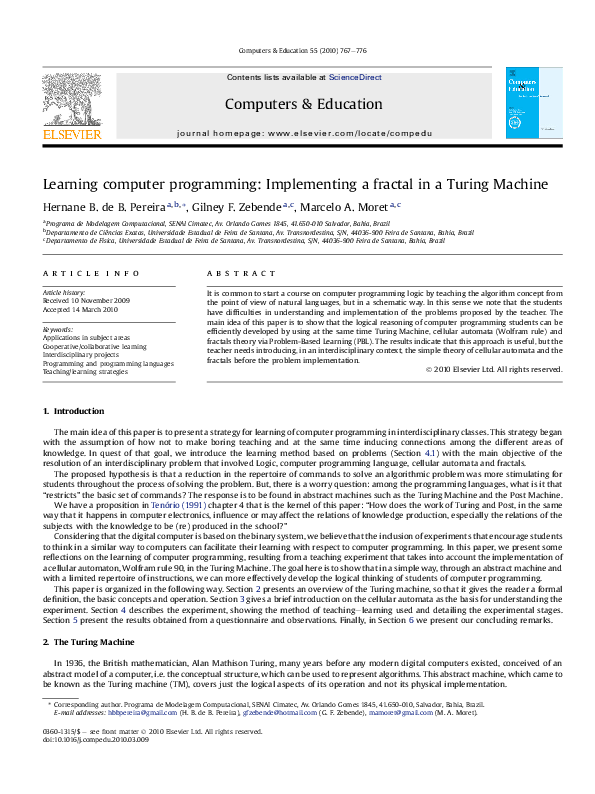 Pdf Learning Computer Programming Implementing A Fractal In A Turing