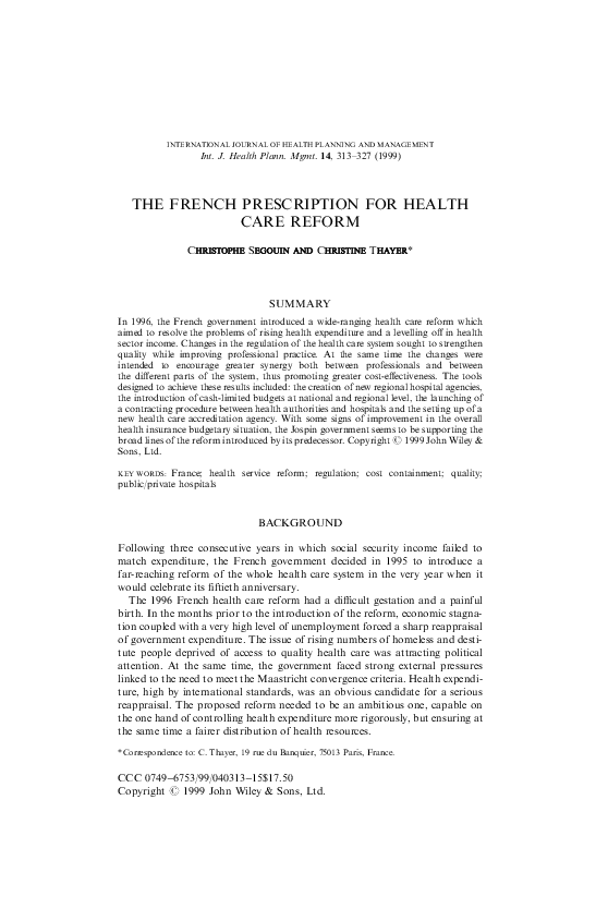 (PDF) The French prescription for health care reform