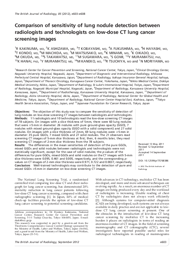 (PDF) Comparison of sensitivity of lung nodule detection between radiologists and technologists ...