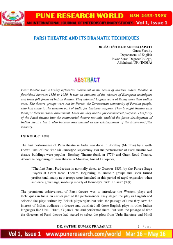 (PDF) Parsi Theatre and Its Dramatic Techniques