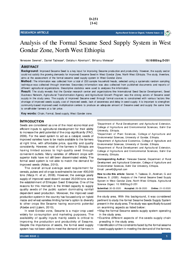 (PDF) Analysis of the Formal Sesame Seed Supply System in West Gondar ...