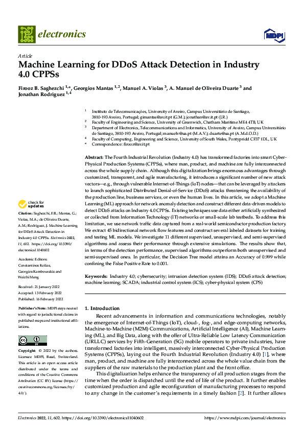 (PDF) Machine Learning for DDoS Attack Detection in Industry 4.0 CPPSs