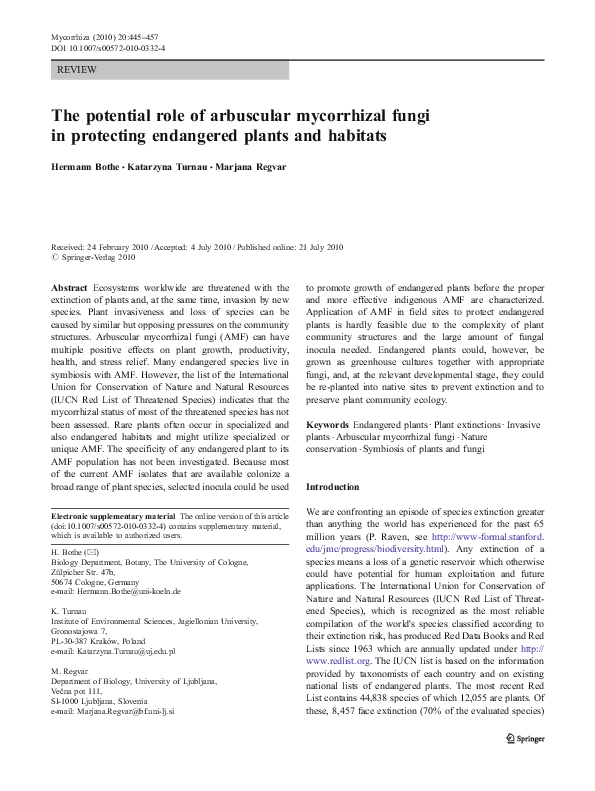 (PDF) The potential role of arbuscular mycorrhizal fungi in protecting endangered plants and ...