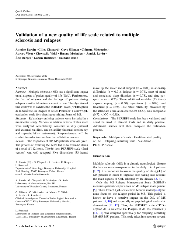 (PDF) Validation of a new quality of life scale related to multiple sclerosis and relapses ...