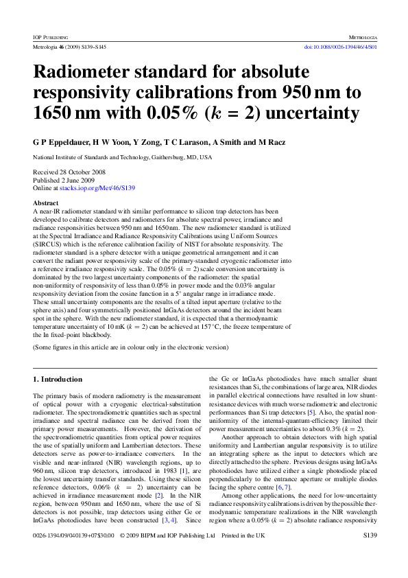 (PDF) Radiometer standard for absolute responsivity calibrations from ...