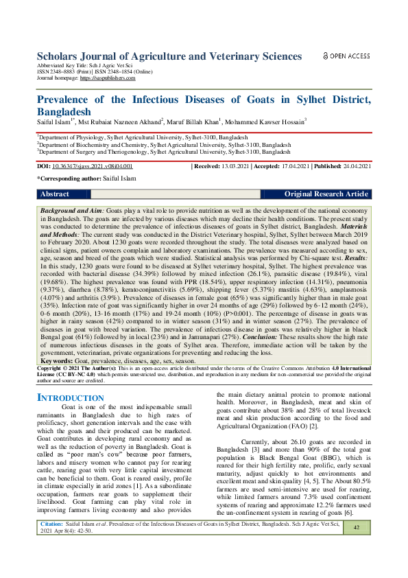 (PDF) Prevalence of the Infectious Diseases of Goats in Sylhet District ...