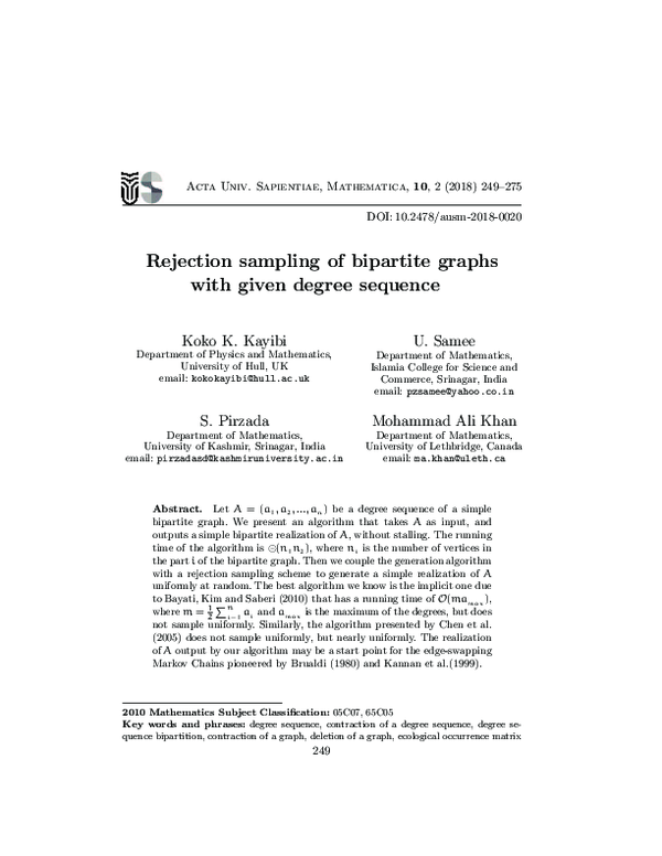 (PDF) Rejection sampling of bipartite graphs with given degree sequence | MUHAMMAD Abbas khan ...