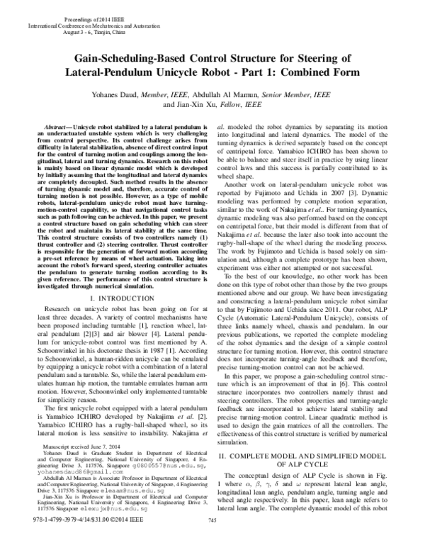 (PDF) Gain-scheduling-based control structure for steering of lateral-pendulum unicycle robot ...