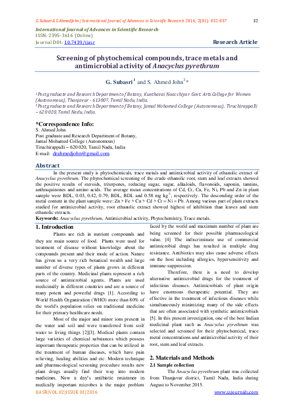 (PDF) Screening of phytochemical compounds, trace metals and antimicrobial activity of Anacyclus ...