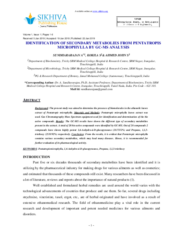 (PDF) Identification of Secondary Metabolies from Pentatropis ...