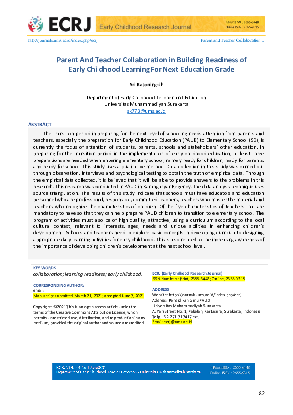 (PDF) Parent And Teacher Collaboration in Building Readiness of Early ...