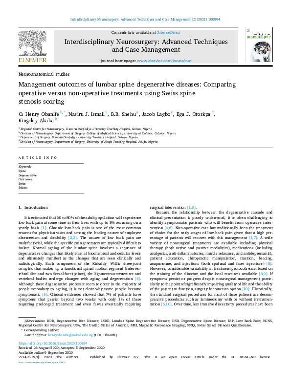 (PDF) Management outcomes of lumbar spine degenerative diseases ...