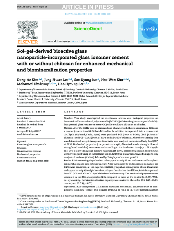 (PDF) Sol–gel-derived bioactive glass nanoparticle-incorporated glass ionomer cement with or ...