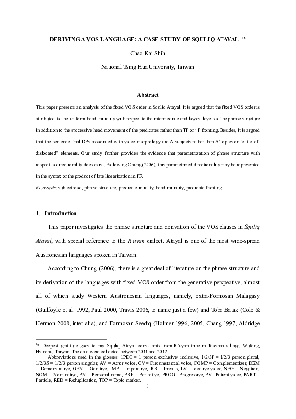 (PDF) DERIVING A VOS LANGUAGE: A CASE STUDY OF SQULIQ ATAYAL