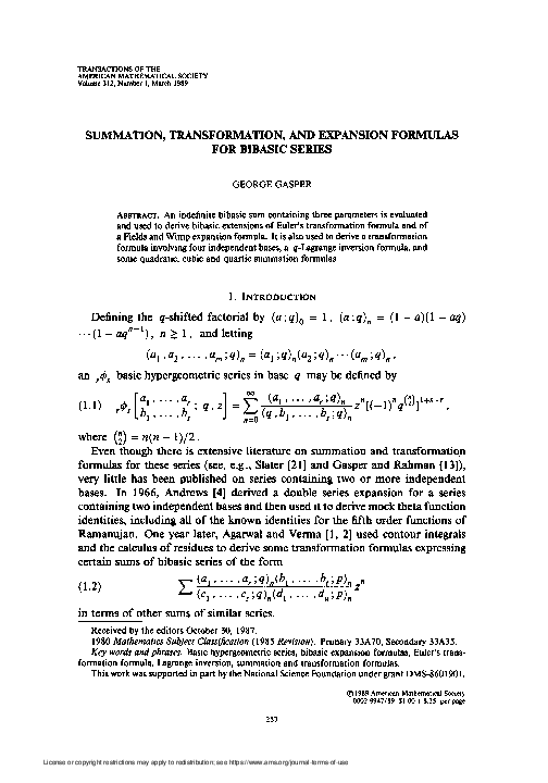 (PDF) Summation, Transformation, and Expansion Formulas for Bibasic Series