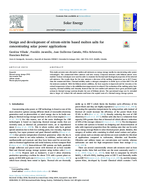 Pdf Design And Development Of Nitrate Nitrite Based Molten Salts For Concentrating Solar Power