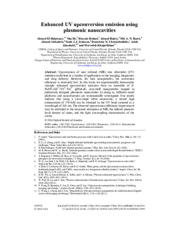 (PDF) Enhanced UV Upconversion Emission Using Plasmonic Nanocavities