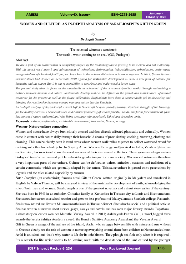 (PDF) Women and Culture: An In-Depth Analysis of Sarah Joseph's Gift in ...