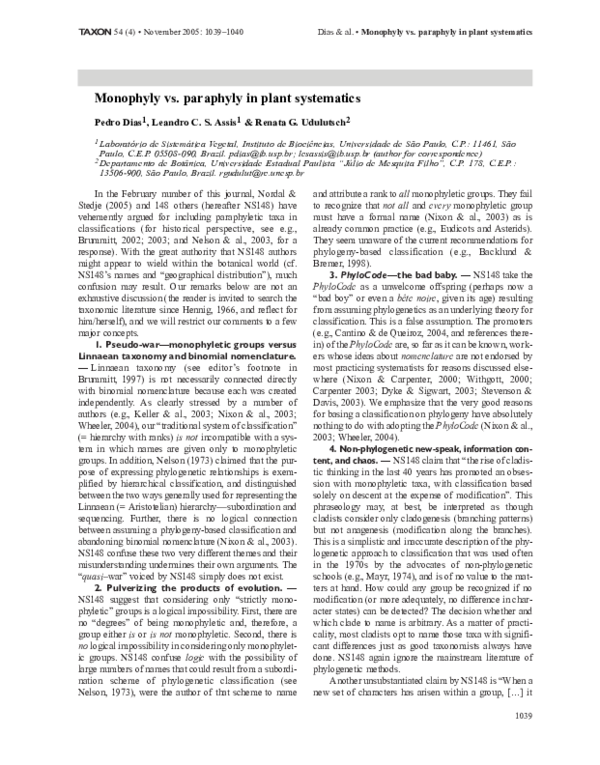 (PDF) Monophyly vs. paraphyly in plant systematics