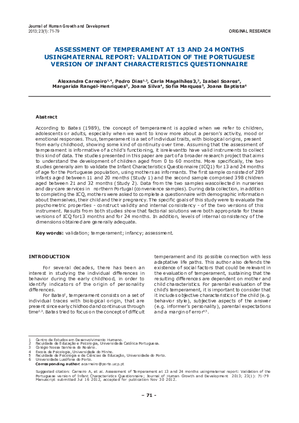 Pdf Assessment Of Temperament At 13 And 24 Months Usingmaternal Report Validation Of The