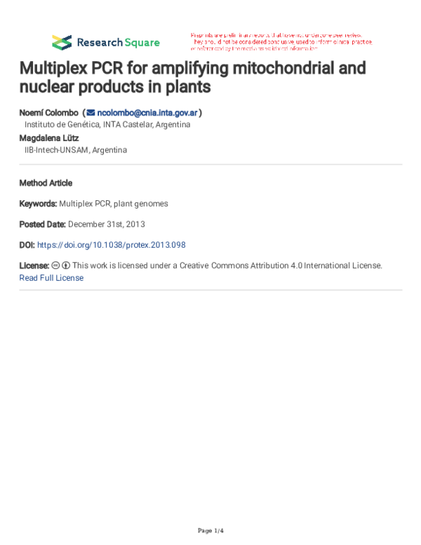 (PDF) Multiplex PCR for amplifying mitochondrial and nuclear products ...