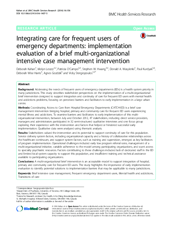 (PDF) Integrating care for frequent users of emergency departments ...