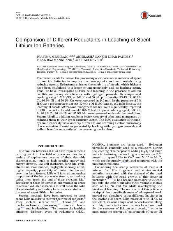 (PDF) Comparision of Different Reductants in Leaching of Spent Lithium ...