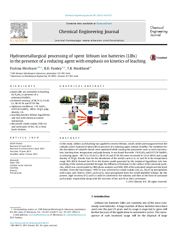(PDF) Hydrometallurgical processing of spent lithium ion batteries ...