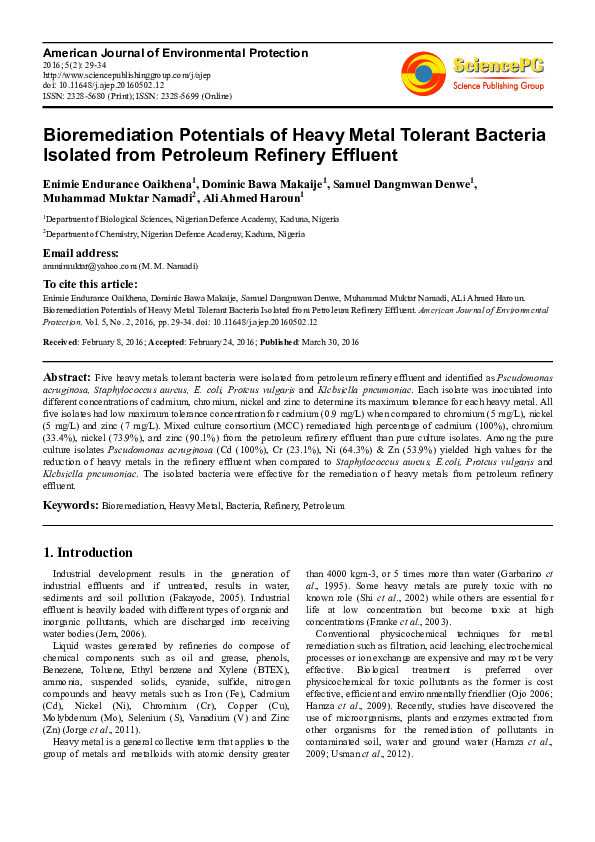 (PDF) Heavy Metal Bioremediation by Tolerant Bacteria