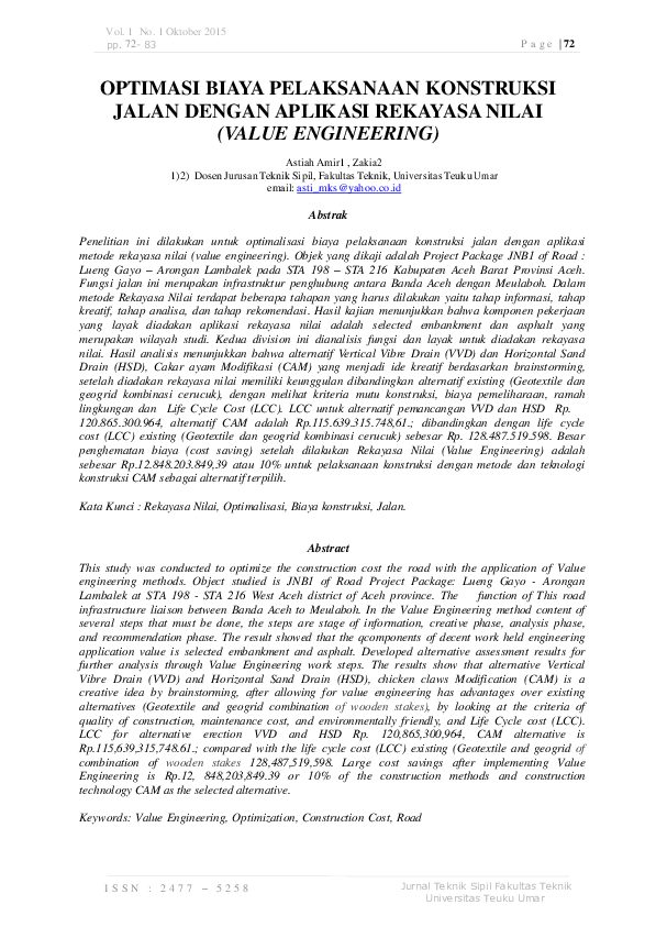(PDF) Optimasi Biaya Pelaksanaan Konstruksi Jalan Dengan Aplikasi Rekayasa Nilai (Value Engineering)