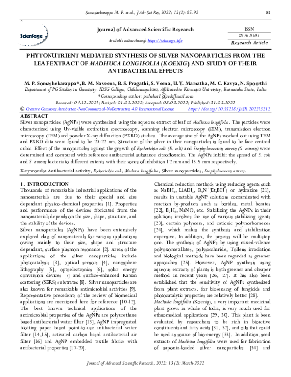 (PDF) Phytonutrient Mediated Synthesis of Silver Nanoparticles from the Leaf Extract of Madhuca ...