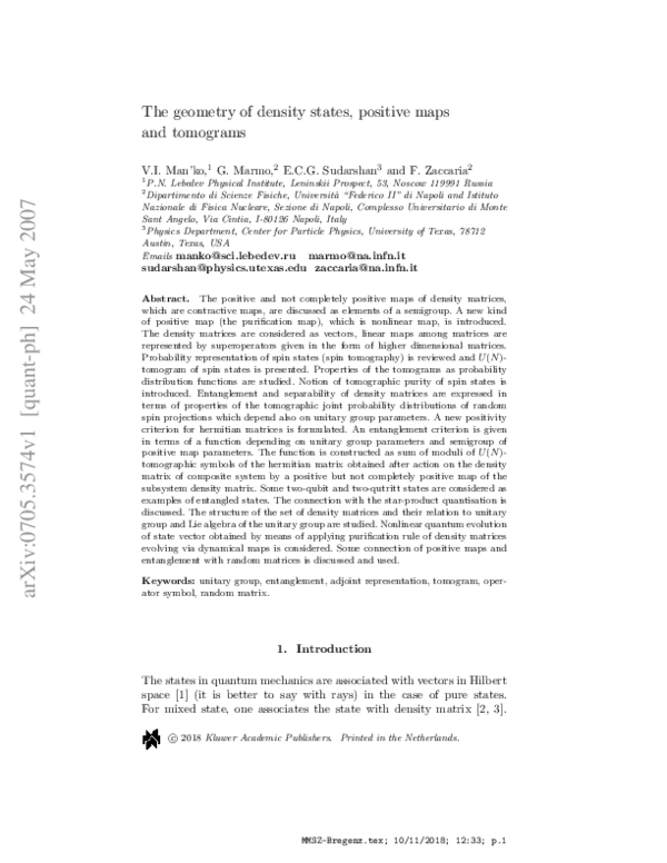 (PDF) The Geometry of Density States, Positive Maps and Tomograms